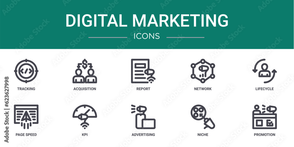 set of 10 outline web digital marketing icons such as tracking ...