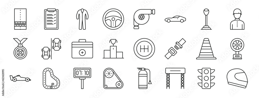set of 24 outline web auto racing icons such as start line, clipboard ...