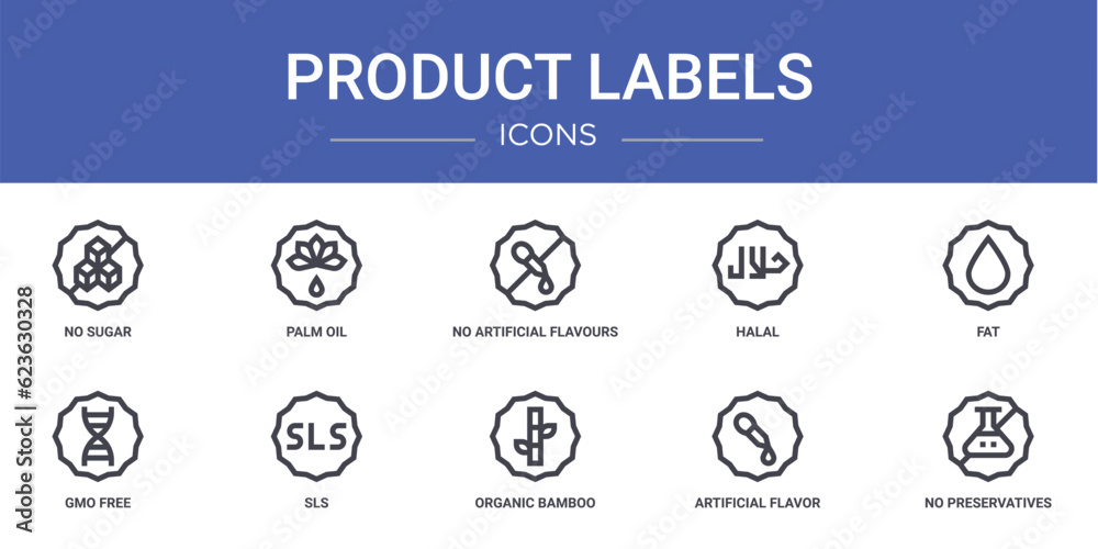 set of 10 outline web product labels icons such as no sugar, palm oil ...