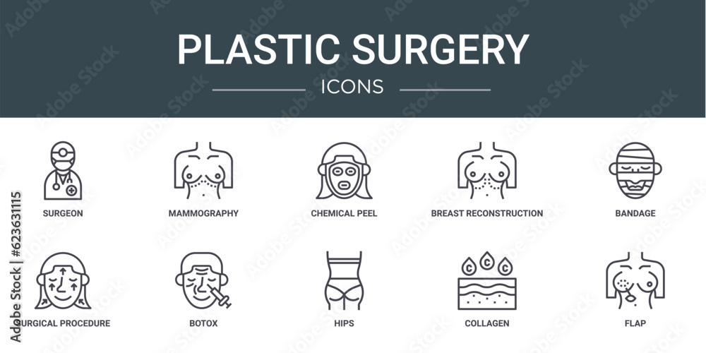 set of 10 outline web plastic surgery icons such as surgeon ...