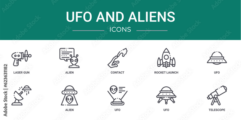 set of 10 outline web ufo and aliens icons such as laser gun, alien ...