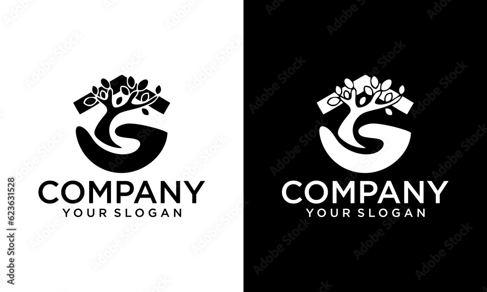 Letter G tree house logo, house care, simple linear house with leaf ...