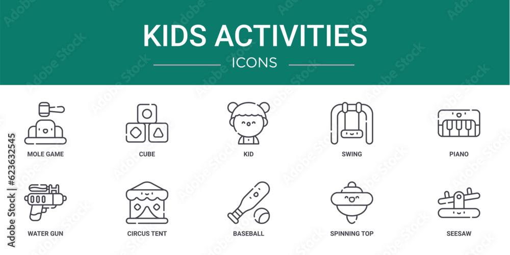 set of 10 outline web kids activities icons such as mole game, cube ...