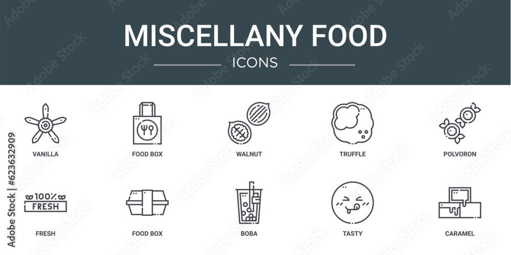 set of 10 outline web miscellany food icons such as vanilla, food box ...