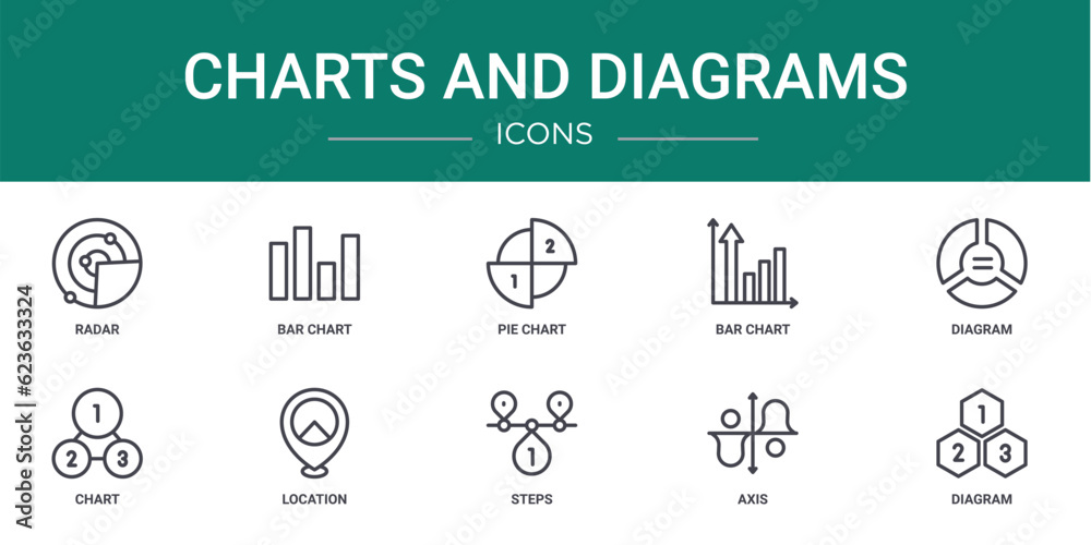 Vetor de set of 10 outline web charts and diagrams icons such as radar, bar chart, pie chart ...