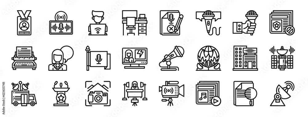 set of 24 outline web journalist icons such as id card, on air ...