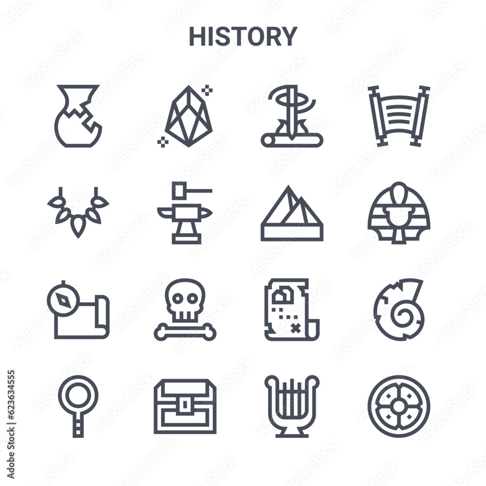set of 16 history concept vector line icons. 64x64 thin stroke icons such as diamond, prehistory ...
