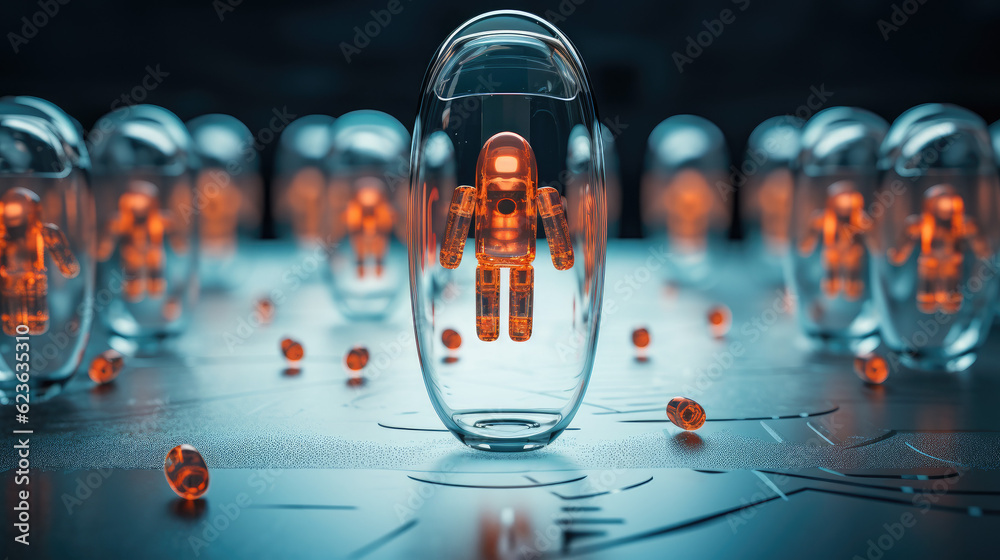 Nano-robots enclosed in a transparent pill, indicating the future ...