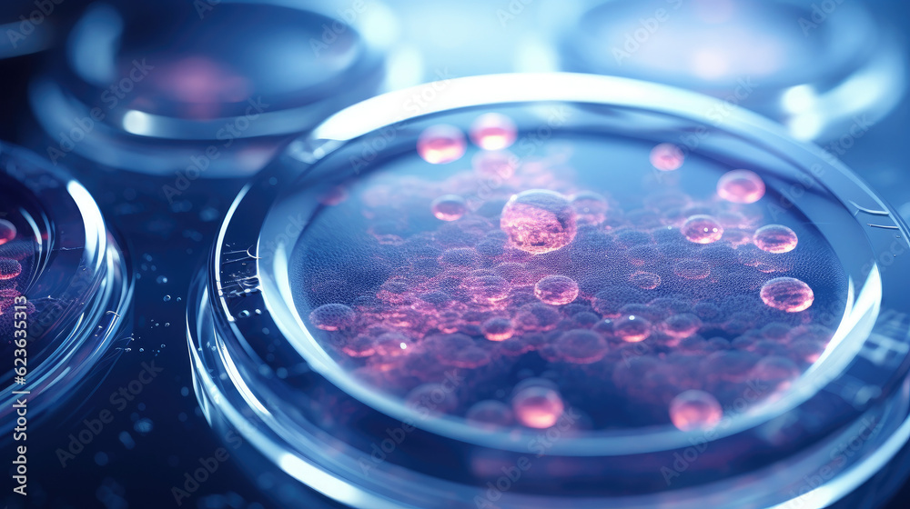 Cultured cells growing in a petri dish under a microscope, symbolizing ...