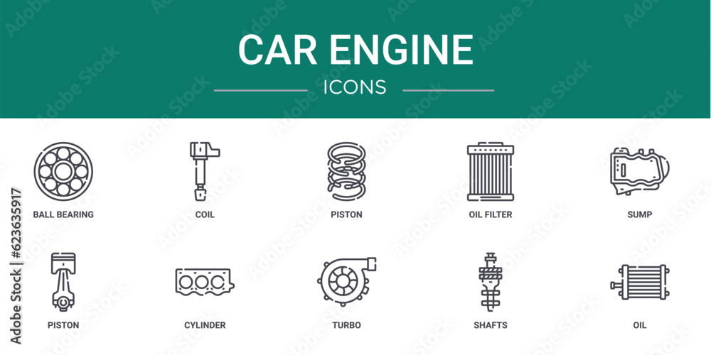 set of 10 outline web car engine icons such as ball bearing, coil, piston, oil filter, sump ...