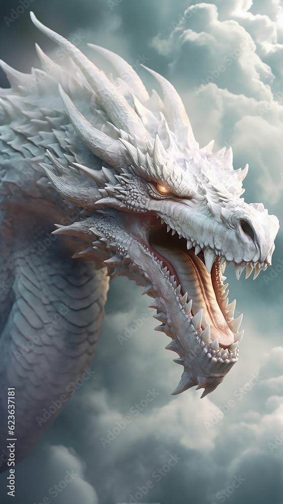 3D rendering of the head of a powerful white dragon with open jaws and ...