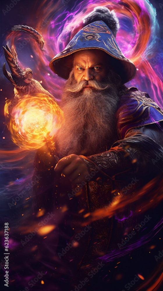 Powerful wizard with purple apparel and hat, glowing fireball in his ...