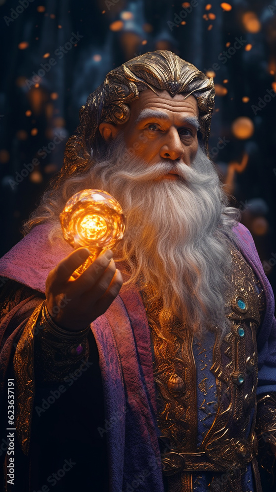 Powerful wizard with purple attire and magic glowing fireball in his ...