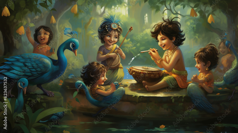 An artistic representation of Lord Krishna's childhood pastimes, with a ...