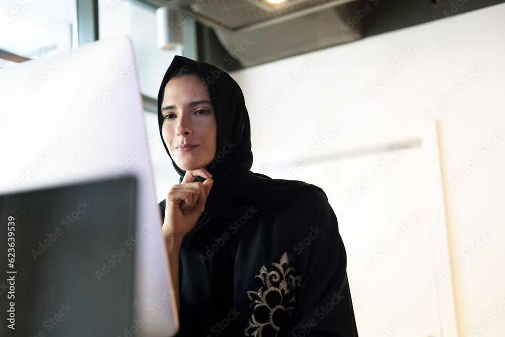 Real Arab woman at office wearing Abaya Hijab with workmate colleagues ...