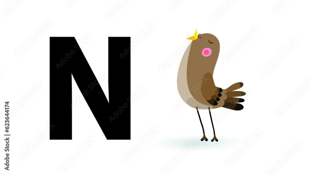 N letter big black nightingale cartoon animation. Animal night singing ...