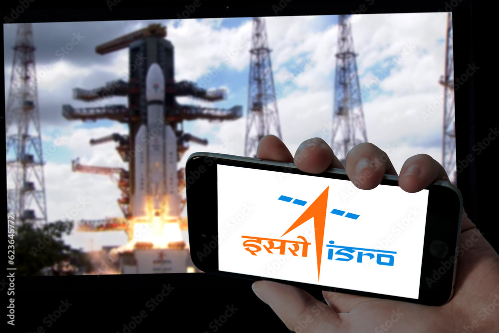CHENNAI, INDIA, 15TH JULY 2023: ISRO logo in holding mobile and ...