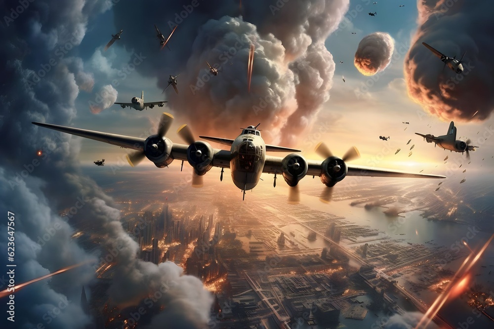 war planes shot each other and exploded in the sky in the world war II ...