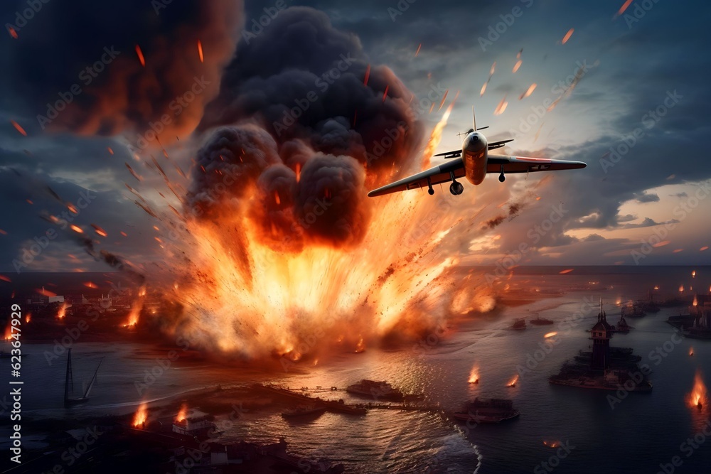 war planes shot each other and exploded in the sky in the world war II ...