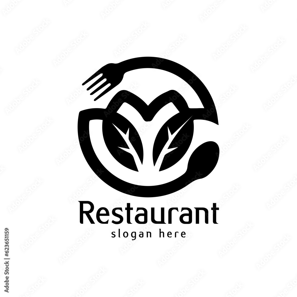 initial M Restaurant logo with spoon and fork icon, food service logo ...