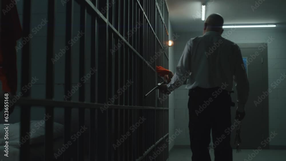 Prison employee with police baton watches criminals in prison cells ...
