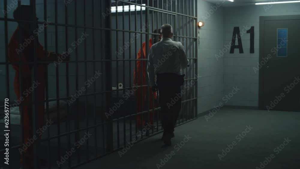 Prison officer with police baton watches criminals in prison cells ...