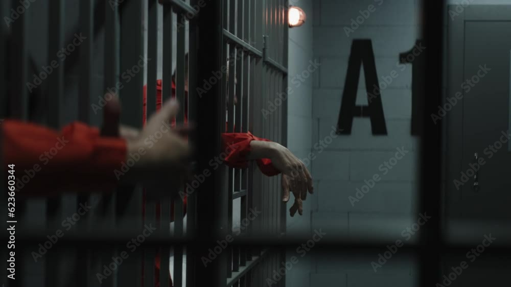 Prisoners in orange uniforms lean on metal bars in prison cells. Guilty ...