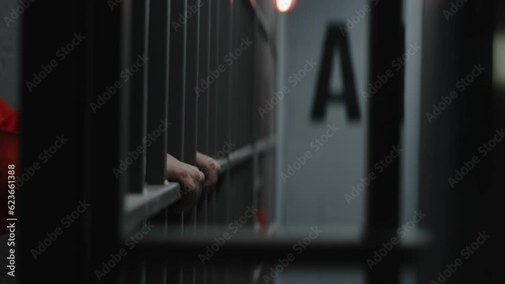 Close up of prisoner in orange uniform stretching fingers, holding ...