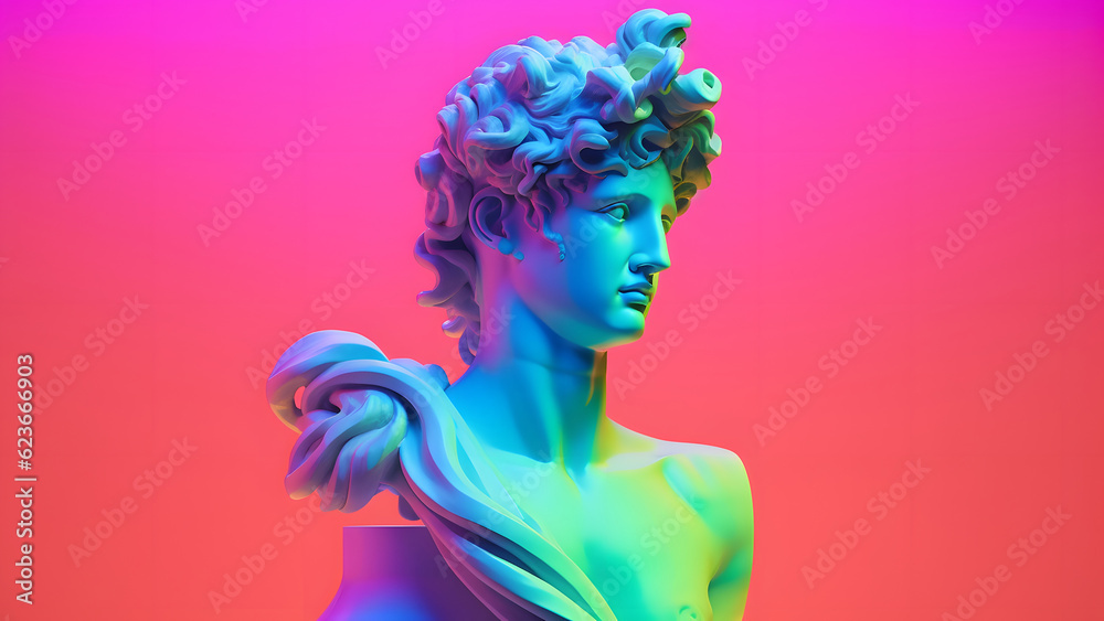 white sculpture of an abstract greek deity brightly lit with neon ...