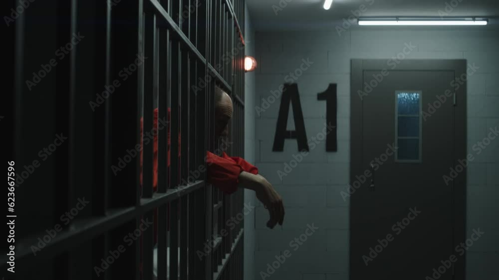 Elderly prisoner in orange uniform stretches his hands, leans on metal ...