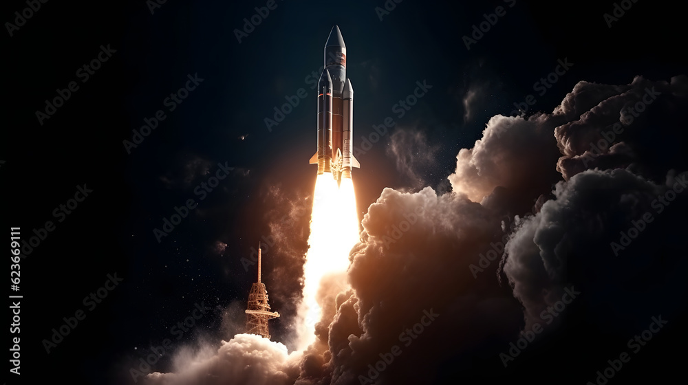 space rocket takes off on black night sky background, neural network ...