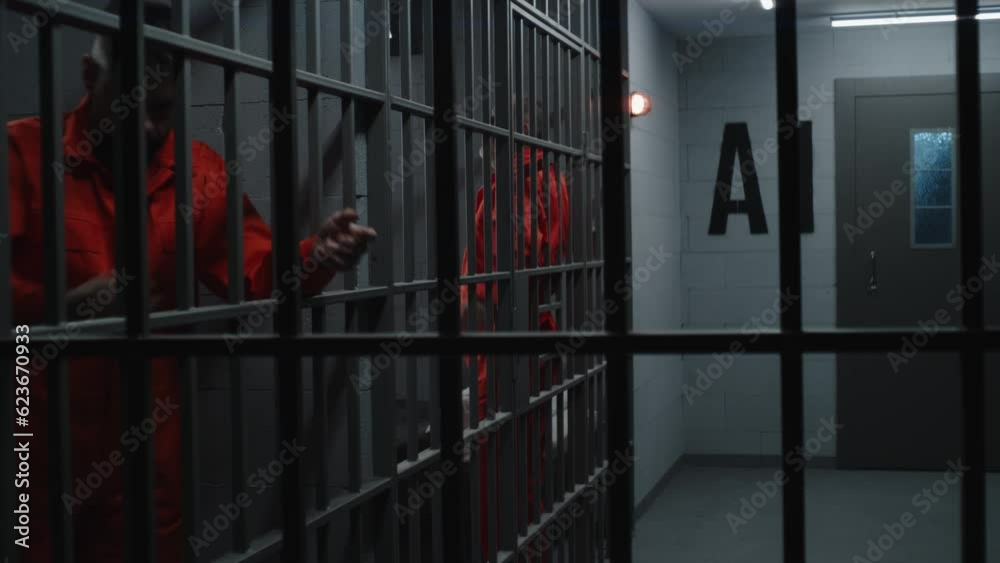 Prisoners in orange uniforms hold metal bars in jail. Guilty criminals ...