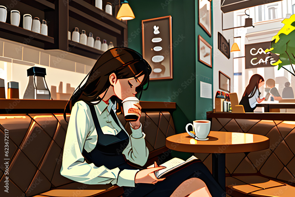 Draw a woman reading while drinking coffee in a cafe. Genarative AI ...