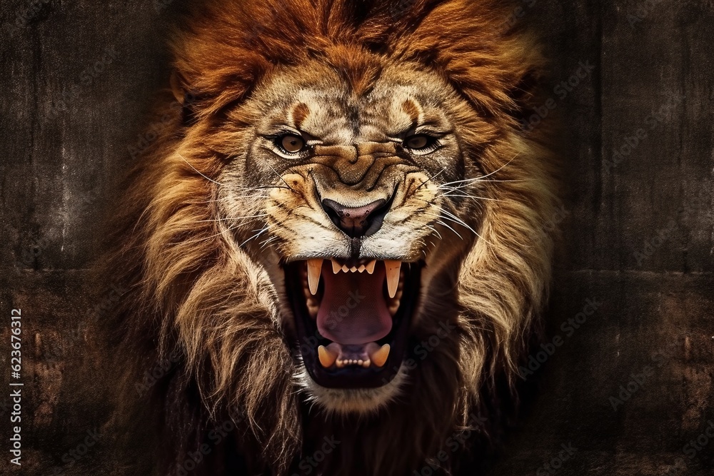 An angry lion with an open mouth. expression of anger. Portrait of a ...