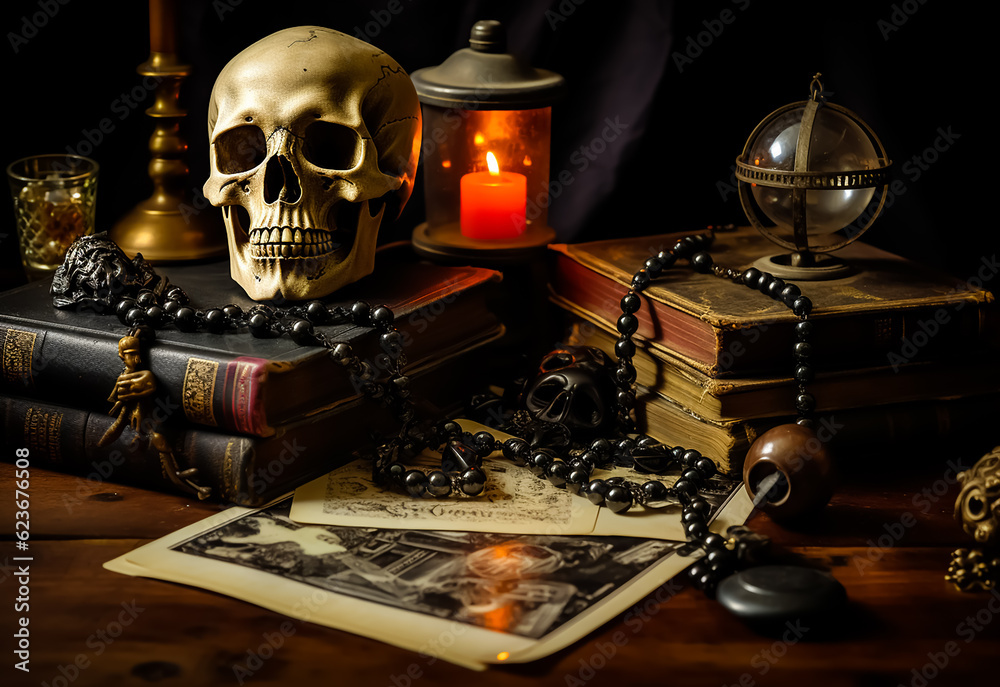 Mysterious still life Voodoo Black magic with burning candles, skull ...