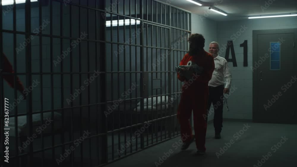 Prison employee locks criminal in orange uniform in jail cell. Prisoner ...