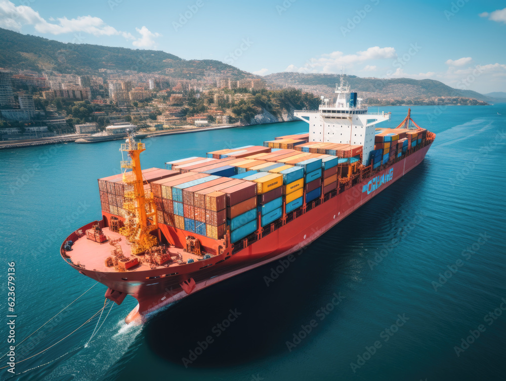 Witness the impressive sight of a container cargo ship from an aerial ...
