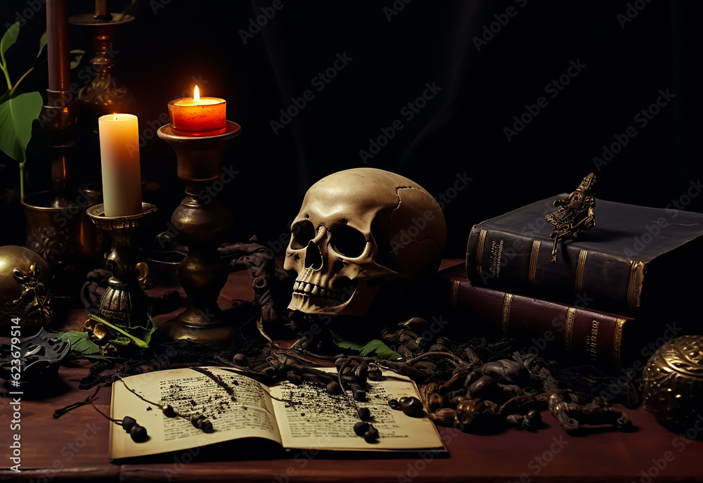 Mysterious still life Voodoo Black magic with burning candles, skull ...