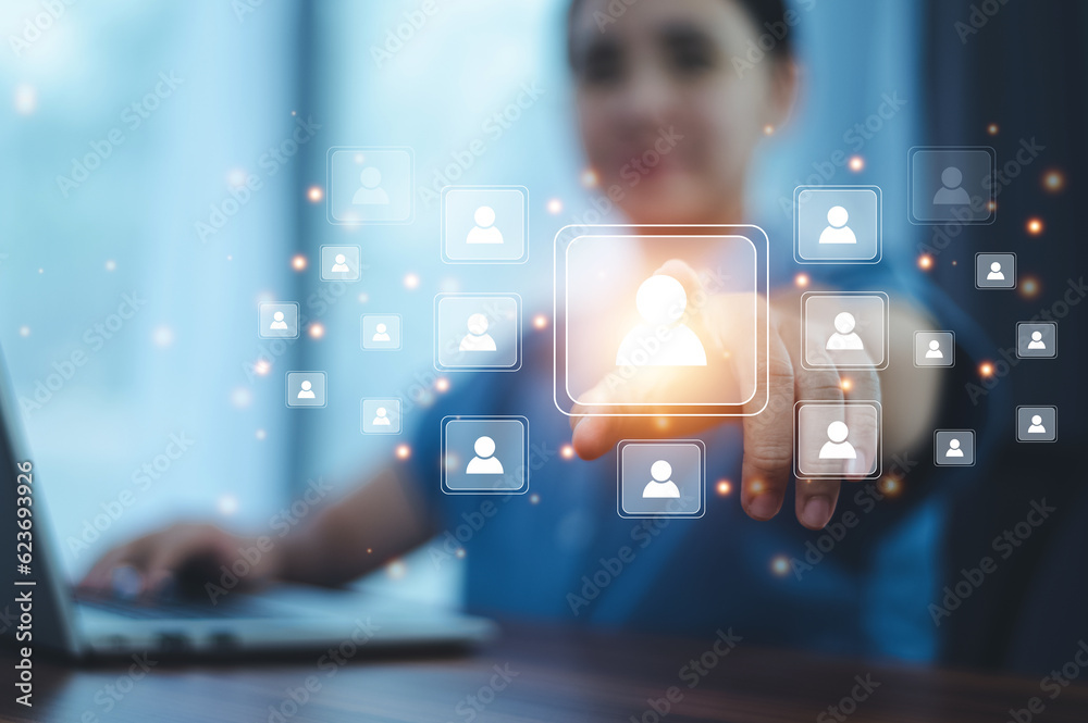 Businesspeople touching on screen to target customer. Target customer ... Businesspeople touching on screen to target customer. Target customer ...