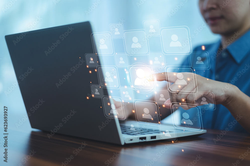 Businesspeople touching on screen to target customer. Target customer ...