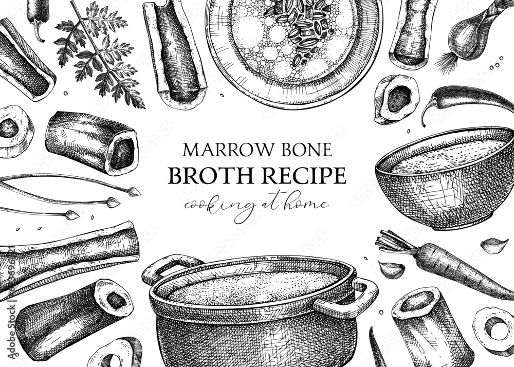 Healthy food background. Marrow bone broth frame. Hot soup served on ...