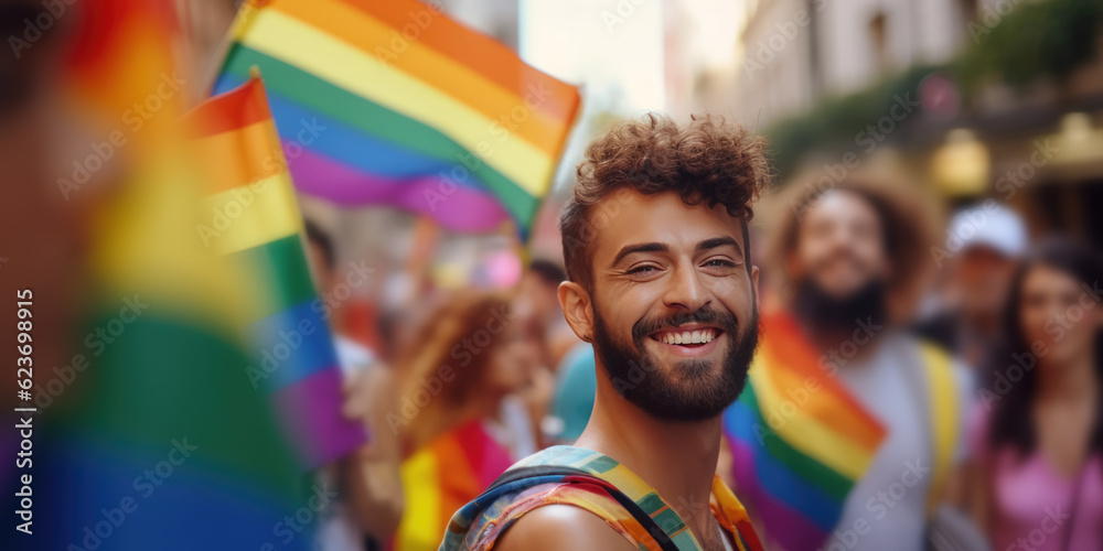 Smiling young gay man with make up standing against pride flag. Men gay ...