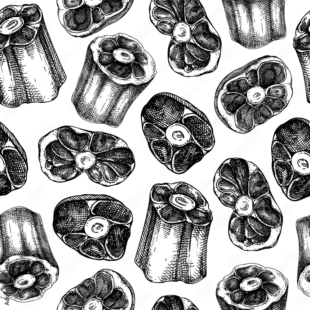 Butchery pattern. Raw oxtail with meat sketches. Organ meat seamless ...