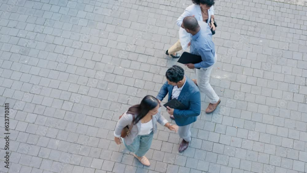 Mistake, street and business people bump on a commute or travel to work ...