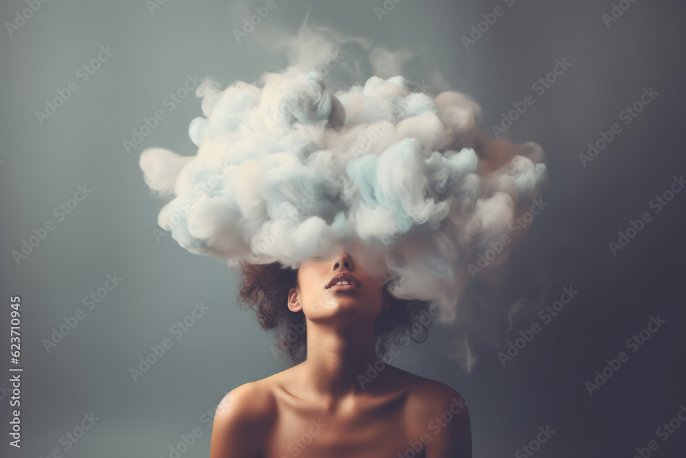 Young woman with her head in cloud. Depression, loneliness and mental ...