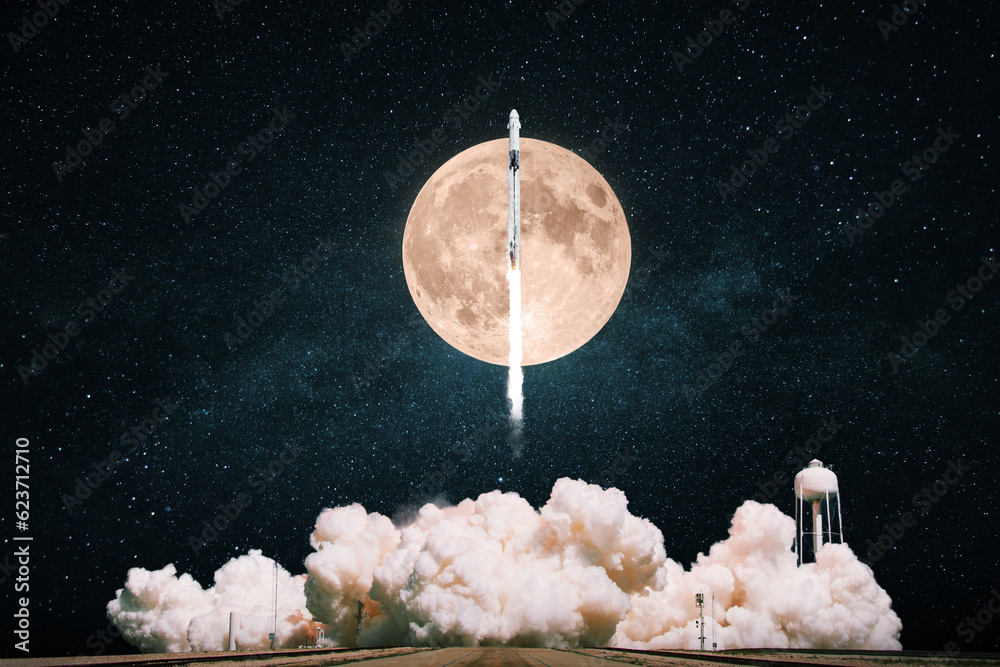 New space ship rocket with smoke and clouds lift off into the starry ...