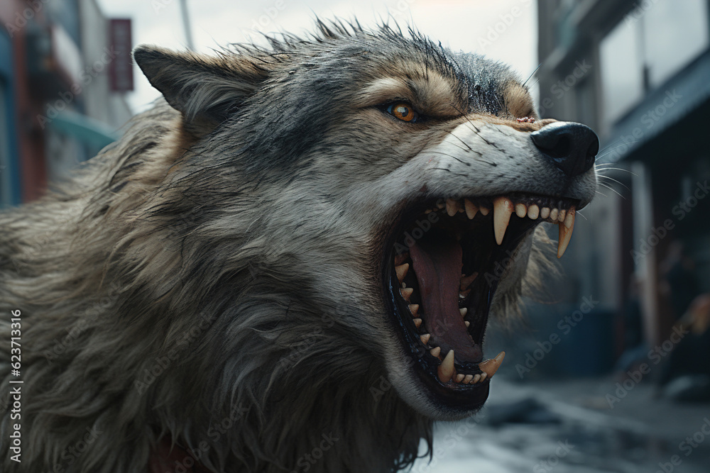 Angry aggressive growling wolf on street, close-up dangerous predator ...