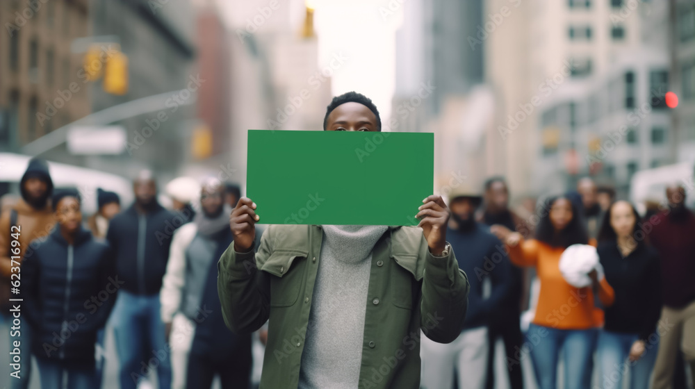 Man of African American descent holding up a sign at a rally or ...