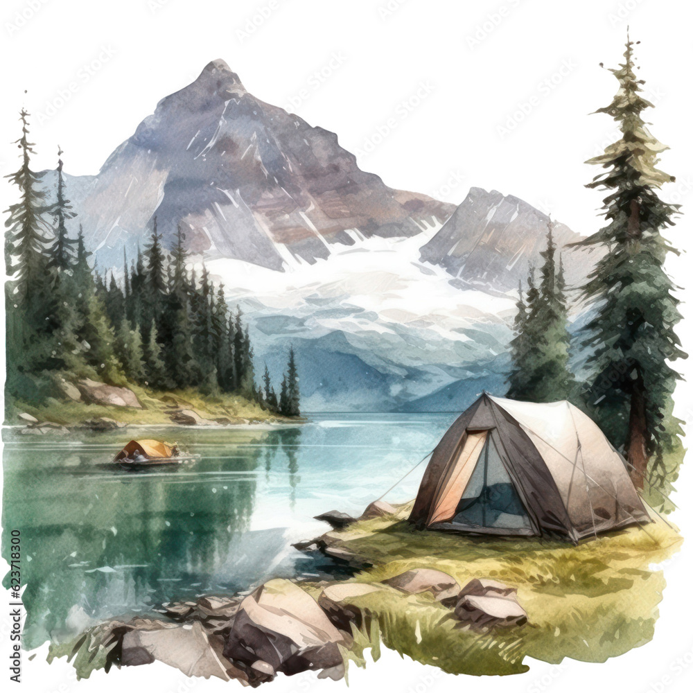 Camping scene with tent, lake and mountains, hiking tourism watercolor ...