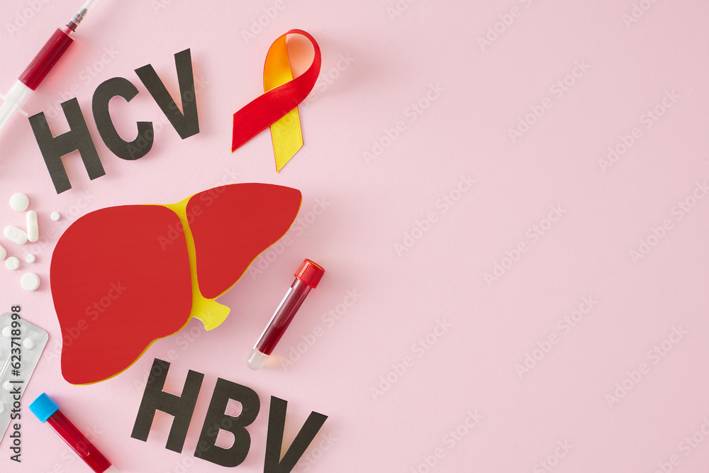 International Hepatitis Day theme. Top view flat lay of tablets, HBV ...